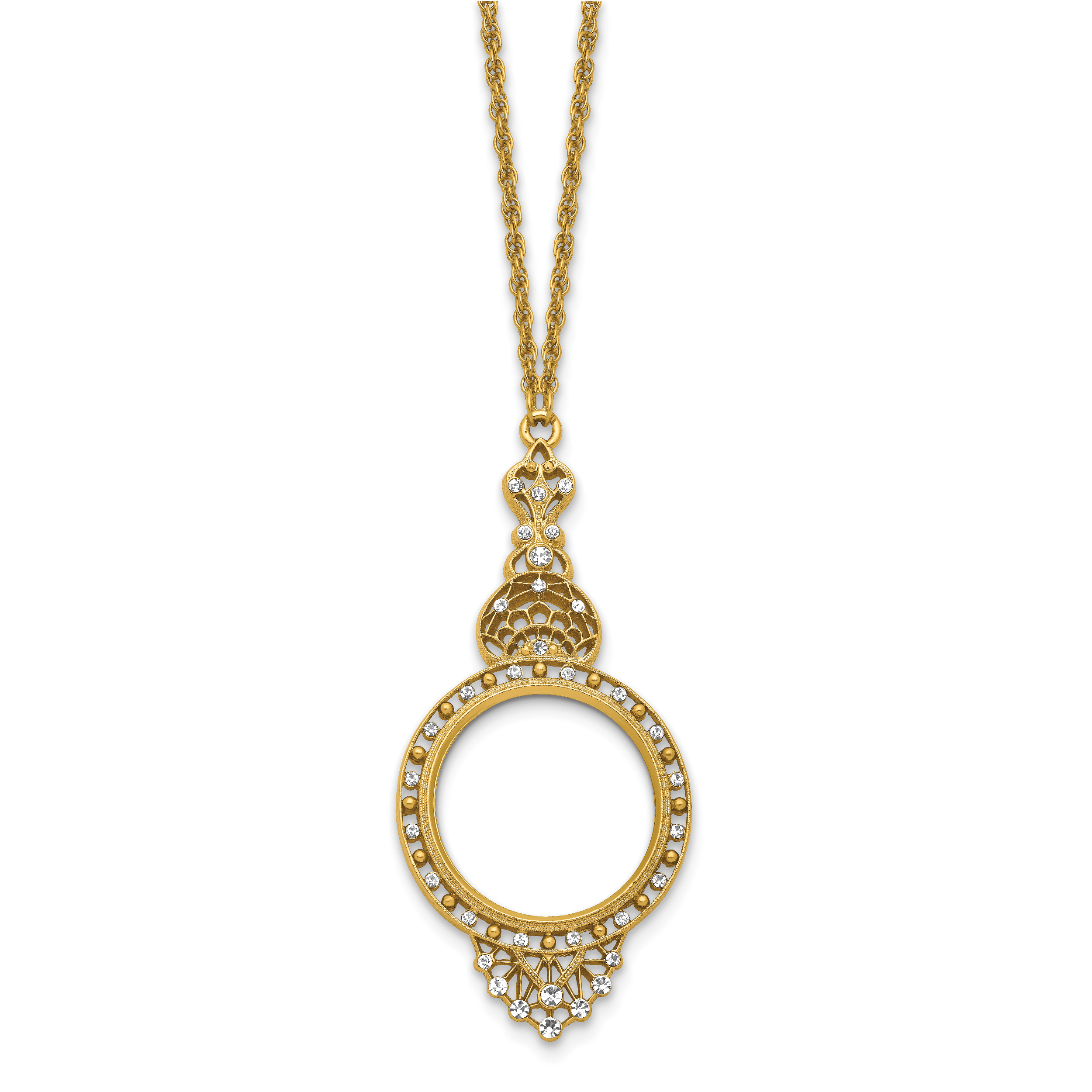 1928 Jewelry Gold tone Filigree Clear Crystal 2X Magnifying Glass 30 inch Vintage Necklace Quality Gold
