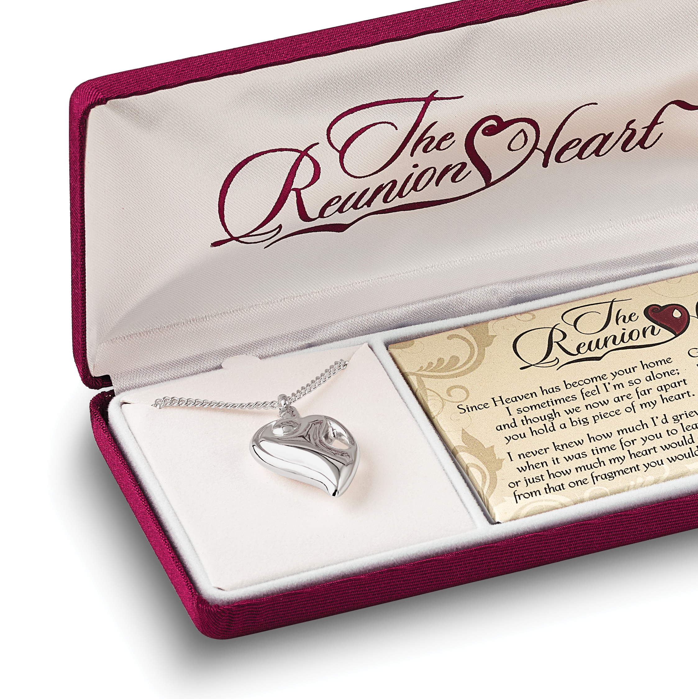Silver plated The Reunion Heart Memorial Ash Holder 24 inch Necklace with Poem Quality Gold
