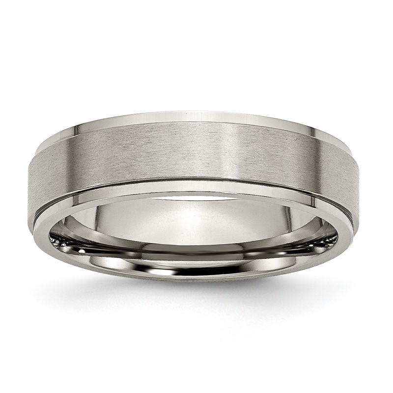 Men s 6.0mm Engravable Brushed Stepped Edge Wedding Band in Titanium 1 Line